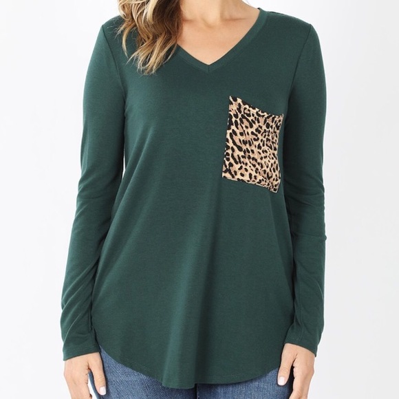 Tops | Sale New Hunter Green W Leopard Pocket Top | Poshmark